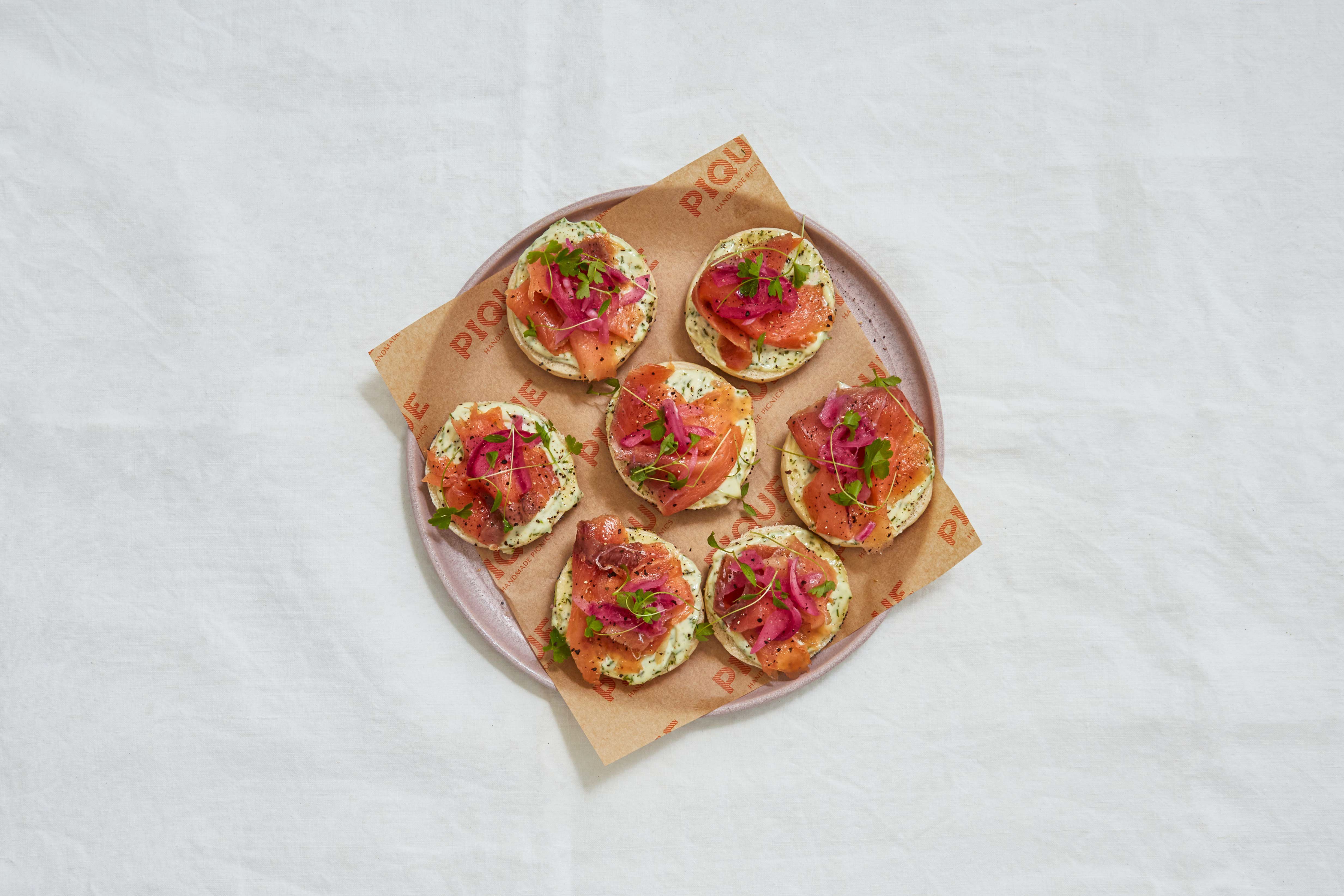 Smoked Salmon Open Mini Bagels with Pickled Onions