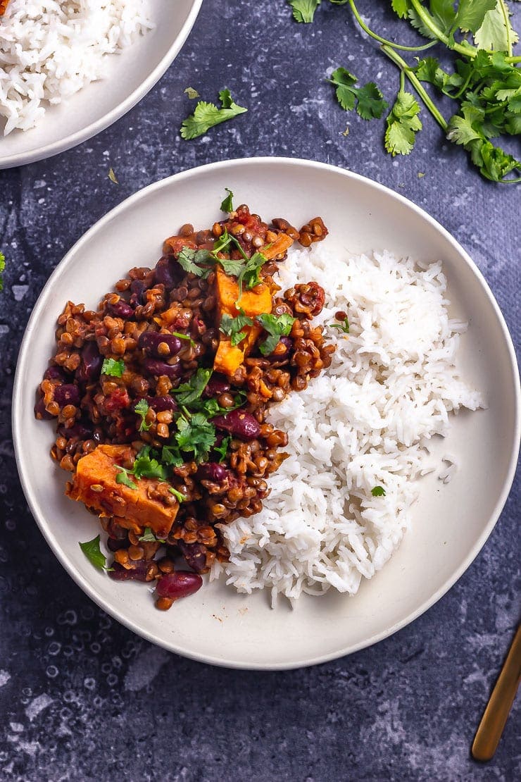 Lentil sweet potato chili with rice and cornbread