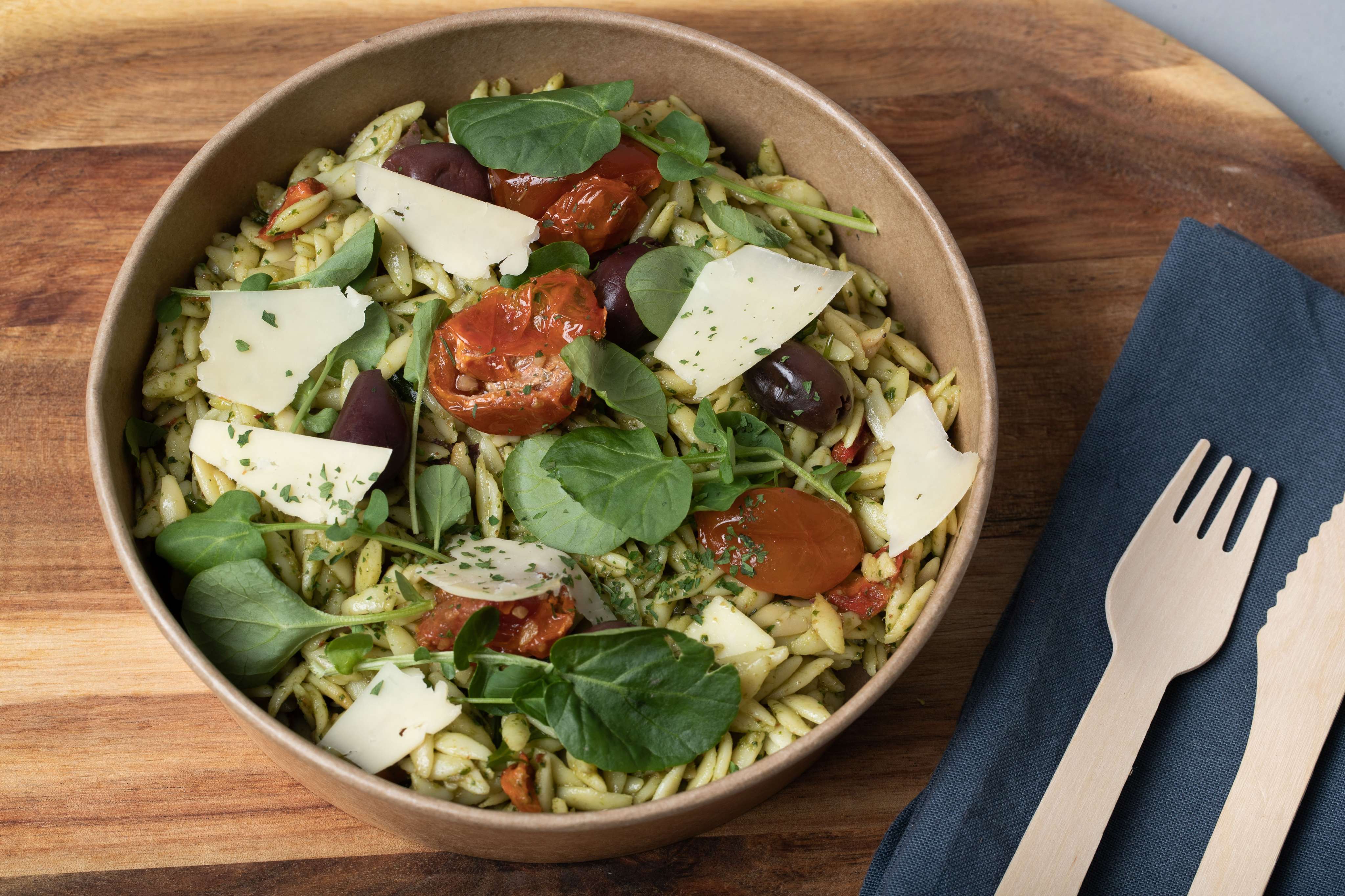 Orzo pasta salad, balsamic roasted red peppers, olives, pine nuts ...
