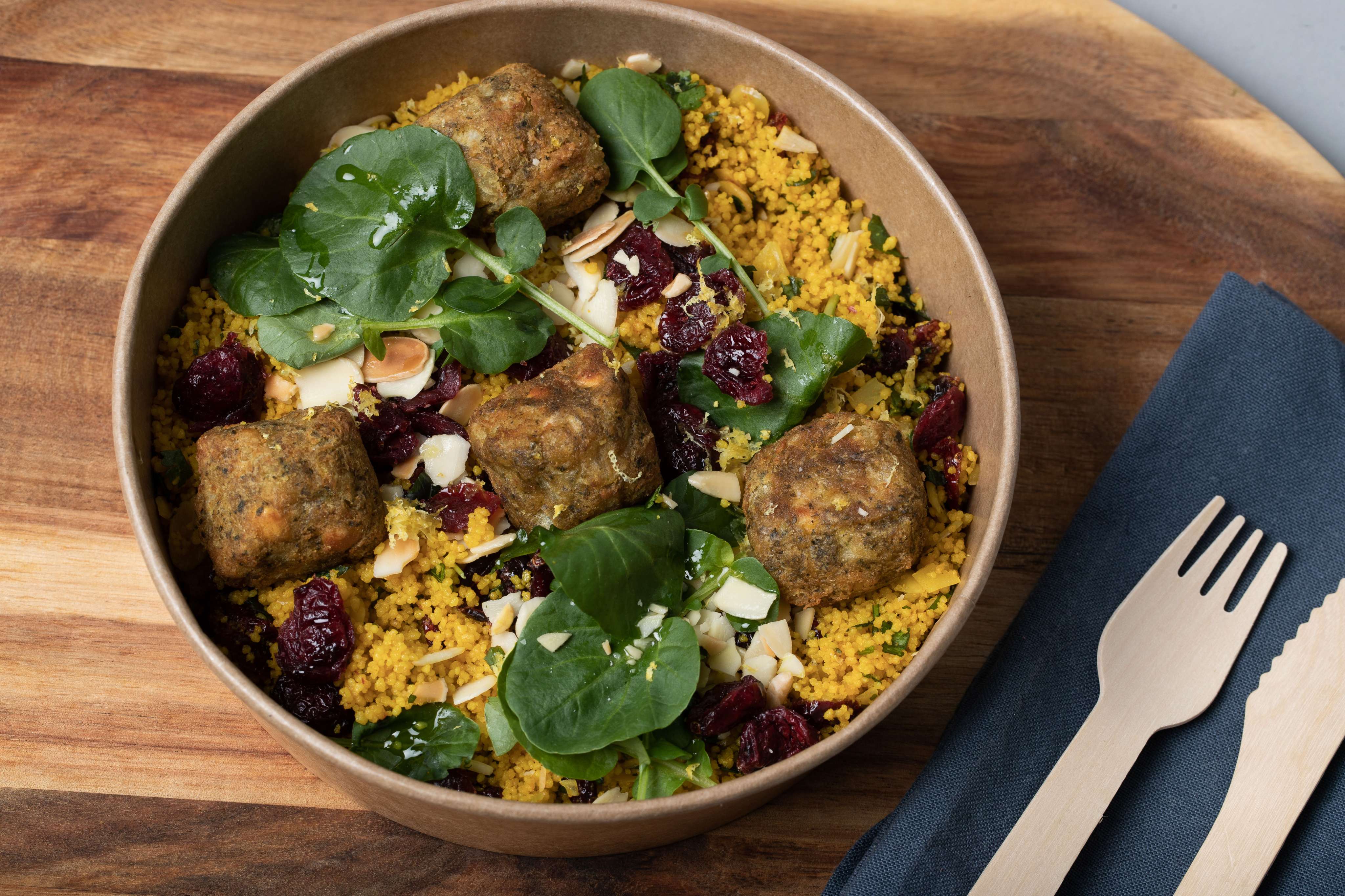 Soft herb cous cous, falafel, hummus, roasted squash, toasted seeds ...