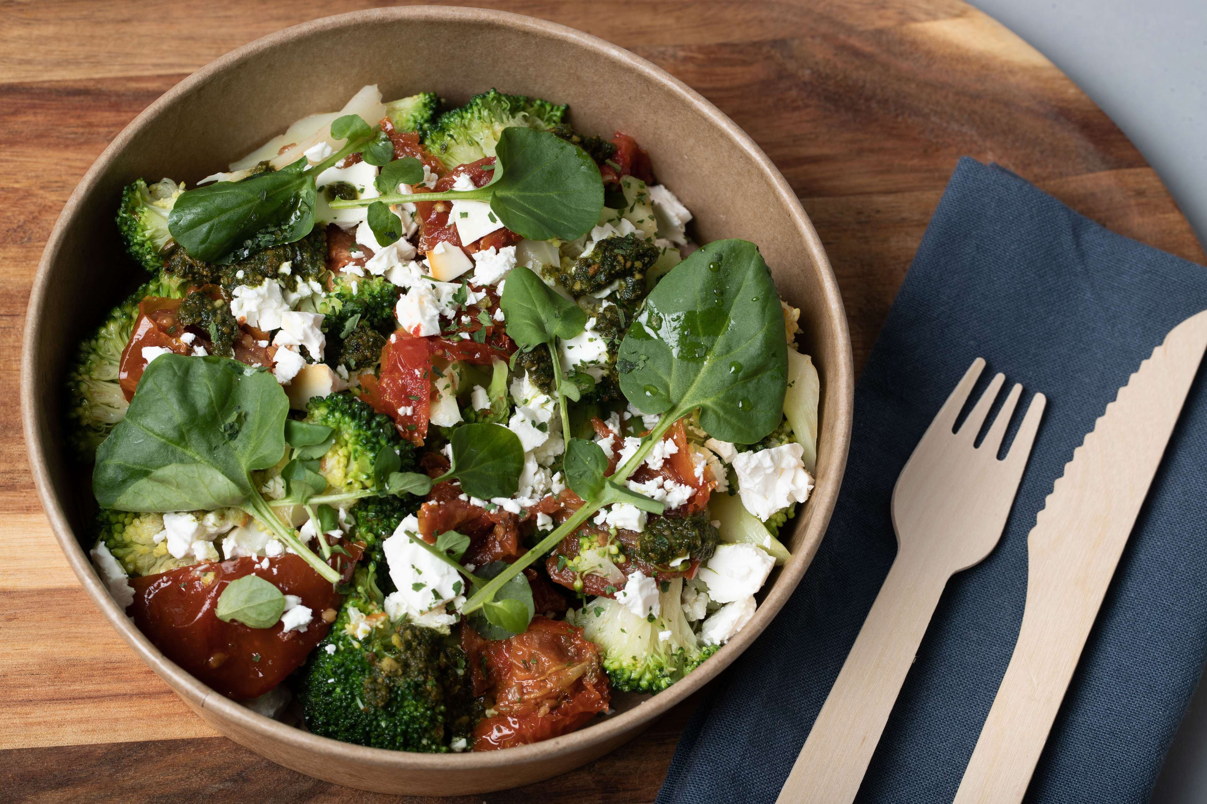 Broccoli, roasted feta, toasted hazelnuts, sun dried tomatoes, black ...