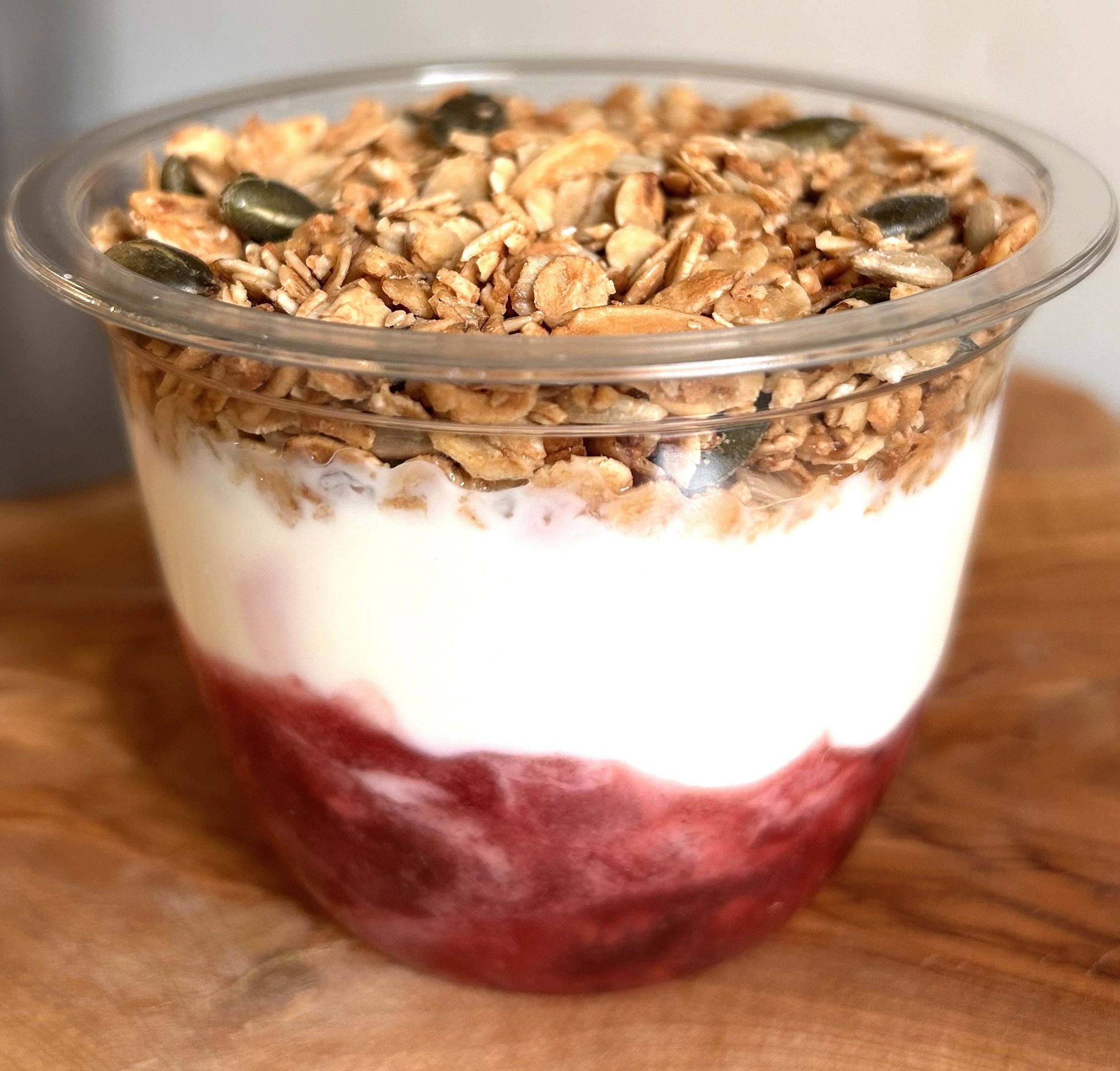 Greek yogurt pot, red fruit compote, homemade granola