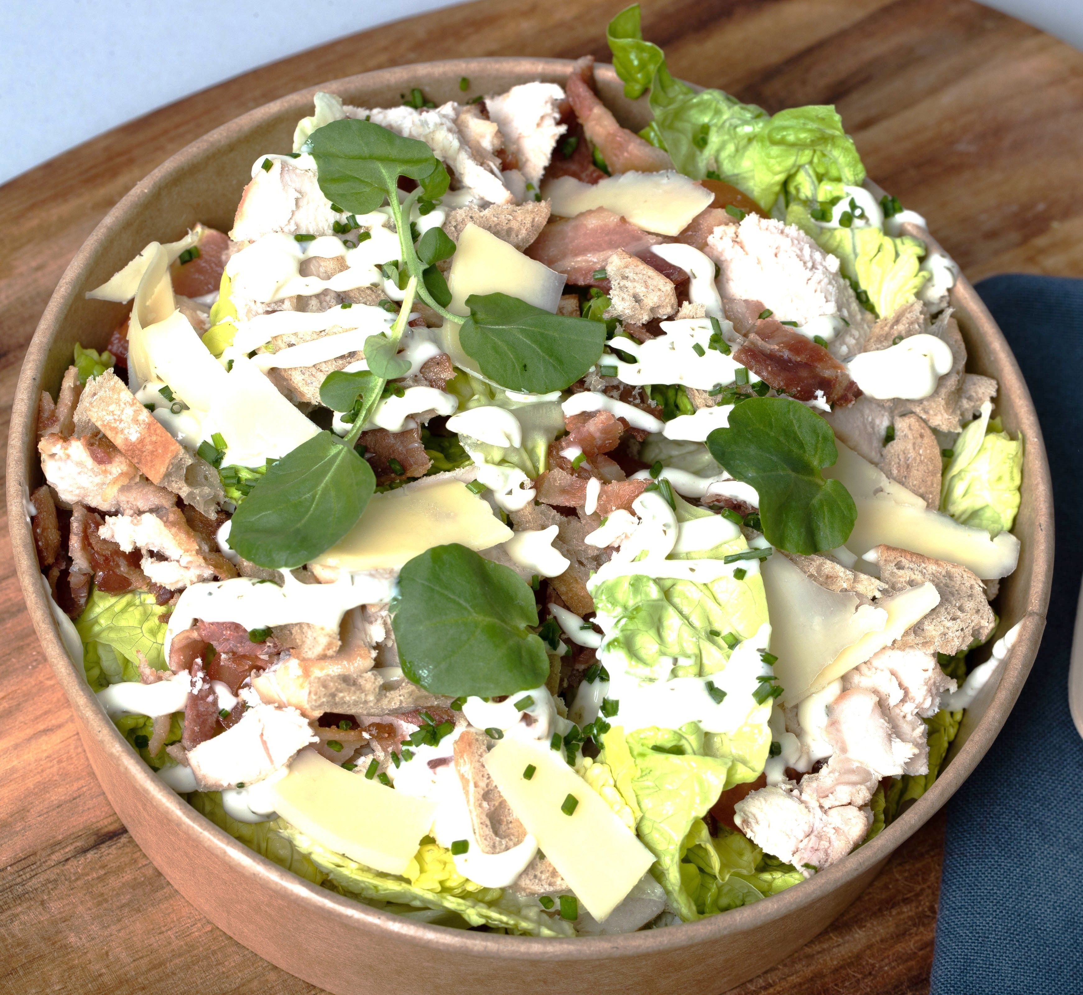 Chicken Caesar bowl, roasted chicken, cos lettuce, crisp pancetta ...